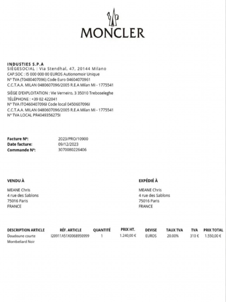 Facture Moncler | PDF