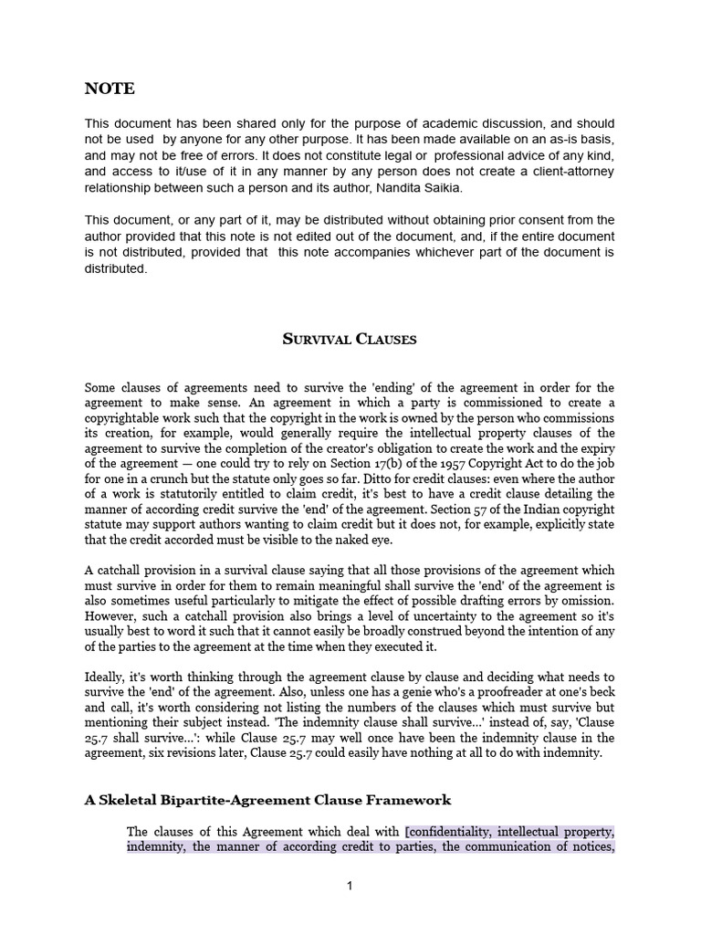 Survival Clauses | PDF | Copyright | Indemnity