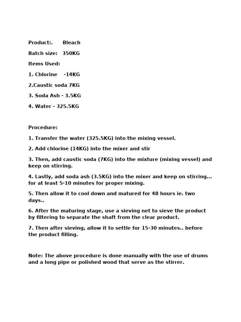 Bleach Production | PDF | Cooking, Food & Wine | Science & Mathematics