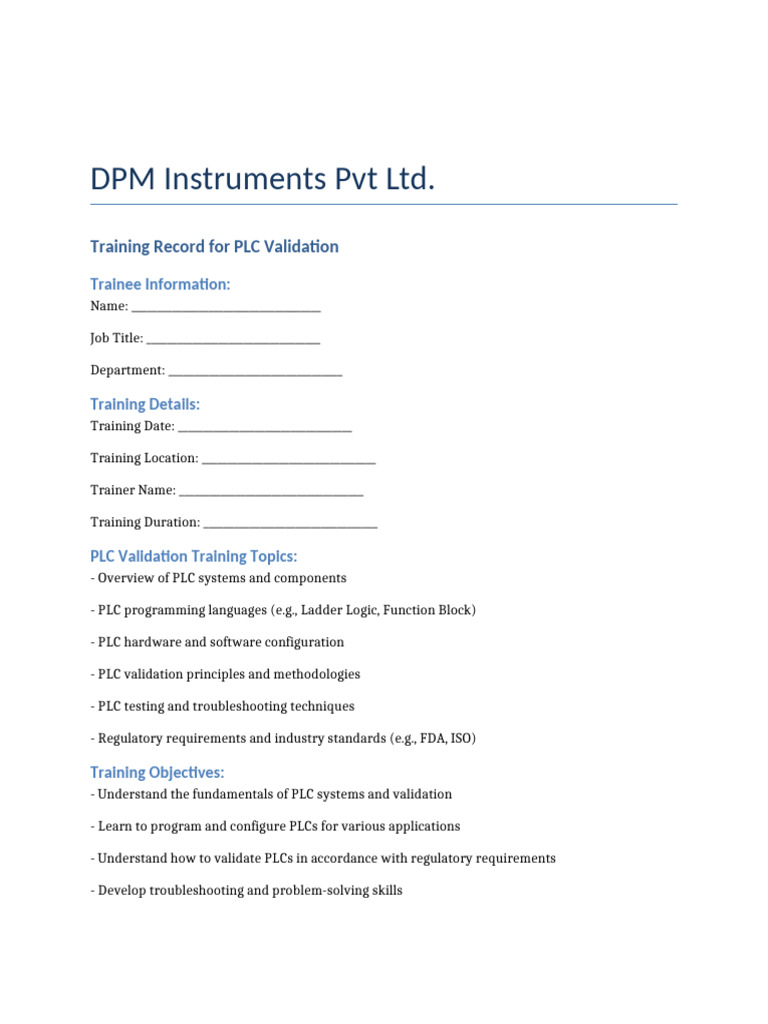 PLC_Validation_Training_Record_DPM_Instruments | PDF