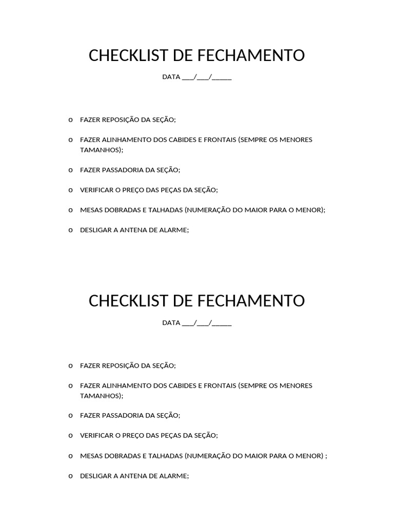 Checklist de Fechamento | PDF