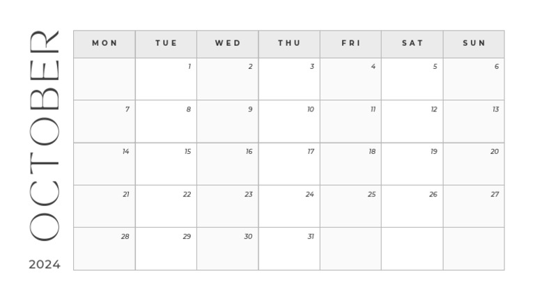 Black and White Minimalist Simple October Monthly Calendar | PDF