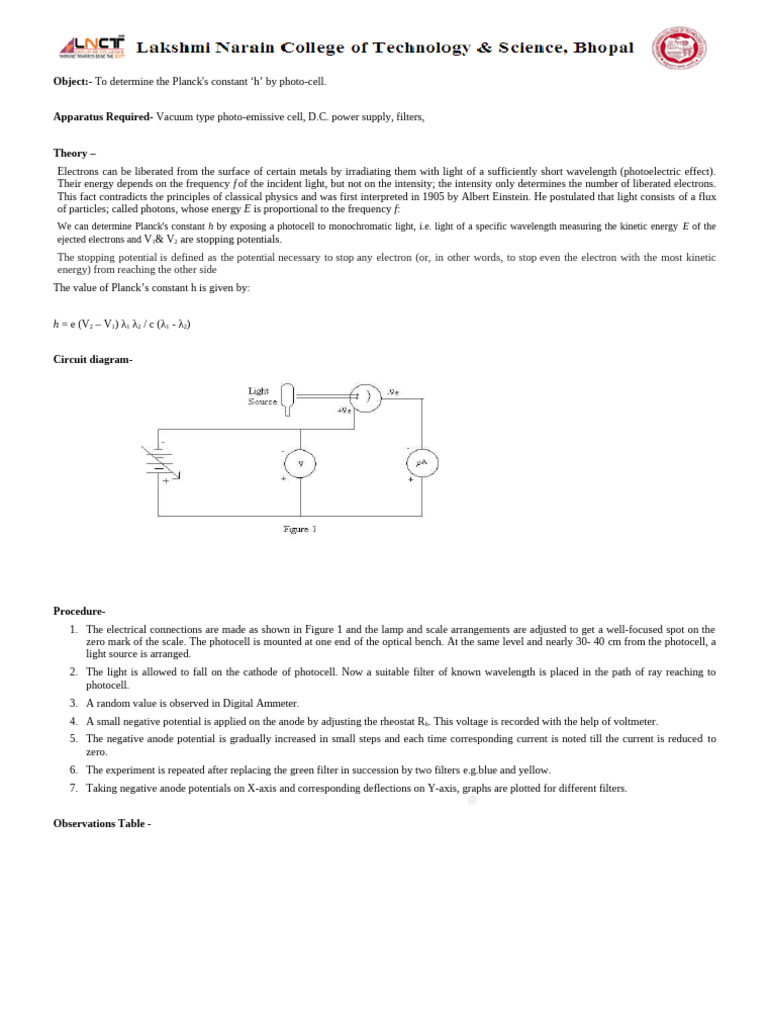 Measure Planck's Constant via Photoelectric Effect | PDF | Light | Electron