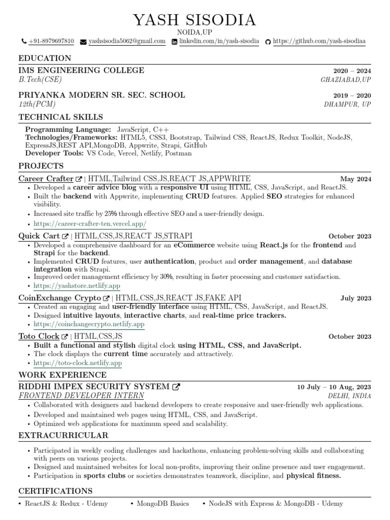 Resume Yash Sisodia Pdf Java Script Html 