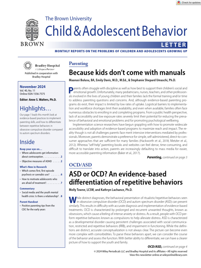 Child Adolescent Behavior - 2024 - Towne - ASD or OCD An Evidence Based ...