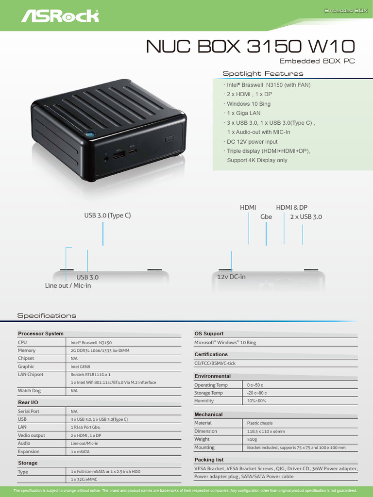 NUC BOX 3150 W10 Datasheet | PDF | Usb | Hdmi