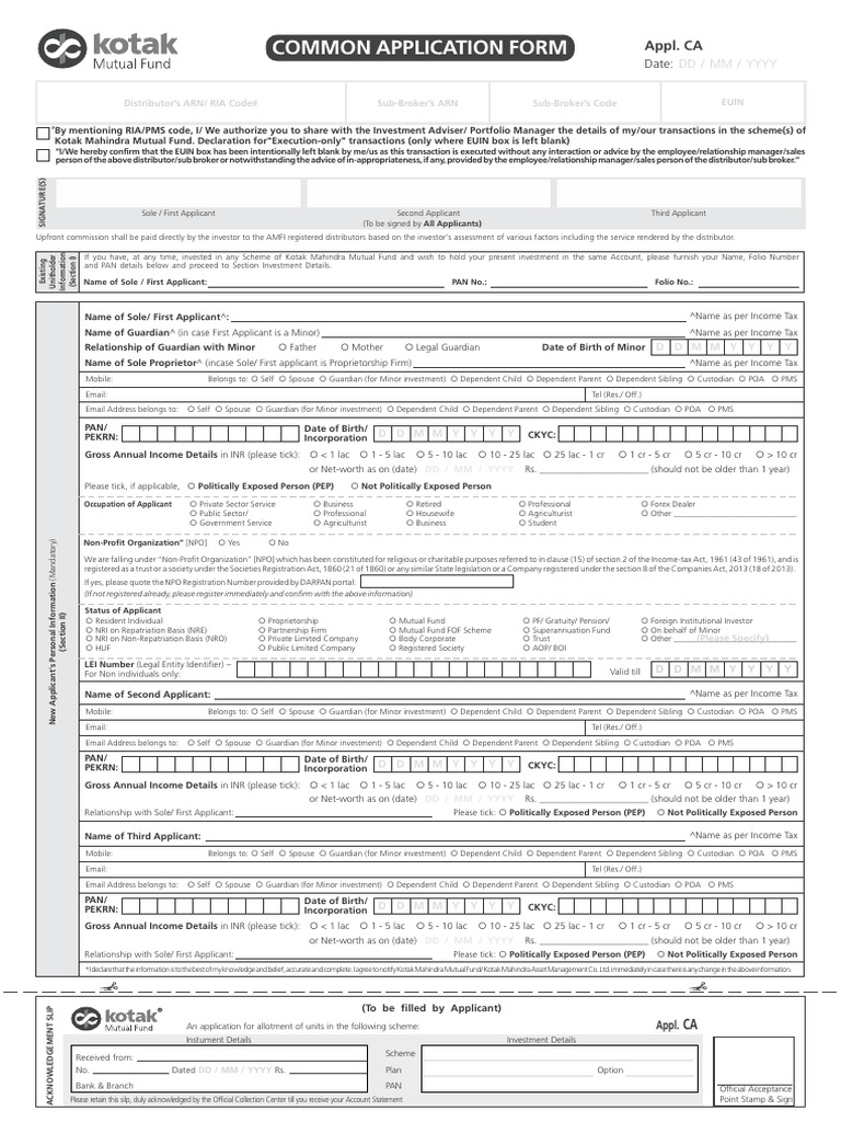 Kotak Mahindra Mutual Fund Application Form | PDF | Identity Document ...