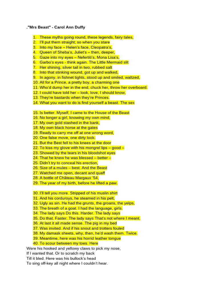 MRS Beast, Carol Ann Duffy | PDF