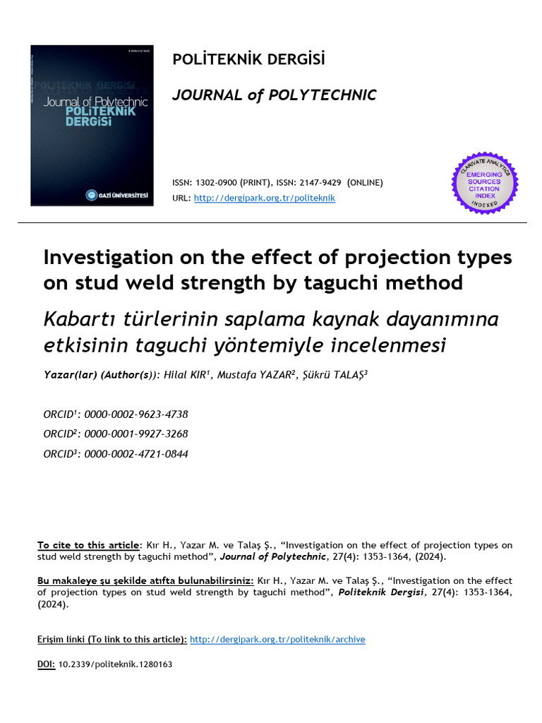 Stud Weld Strength: Projection Types & Taguchi Method | PDF | Welding | Construction