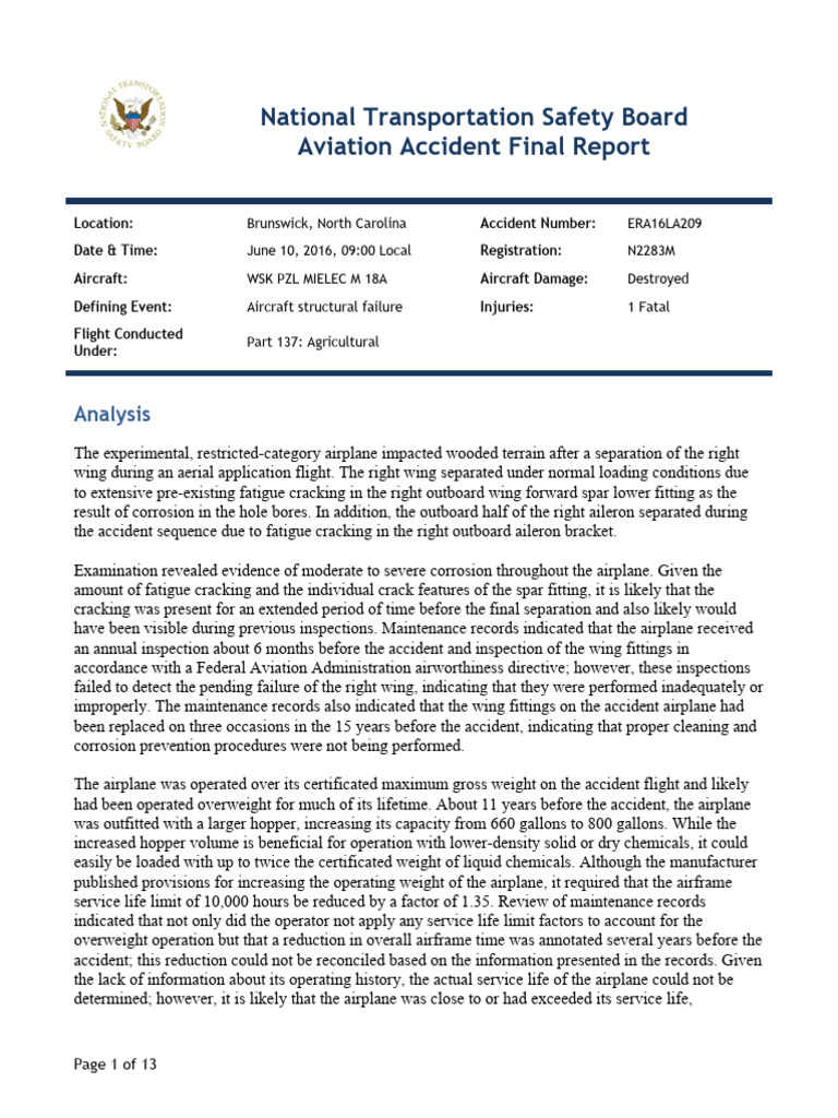 Aviation Accident Report: M-18A Wing Failure | PDF | Airplane | Fracture