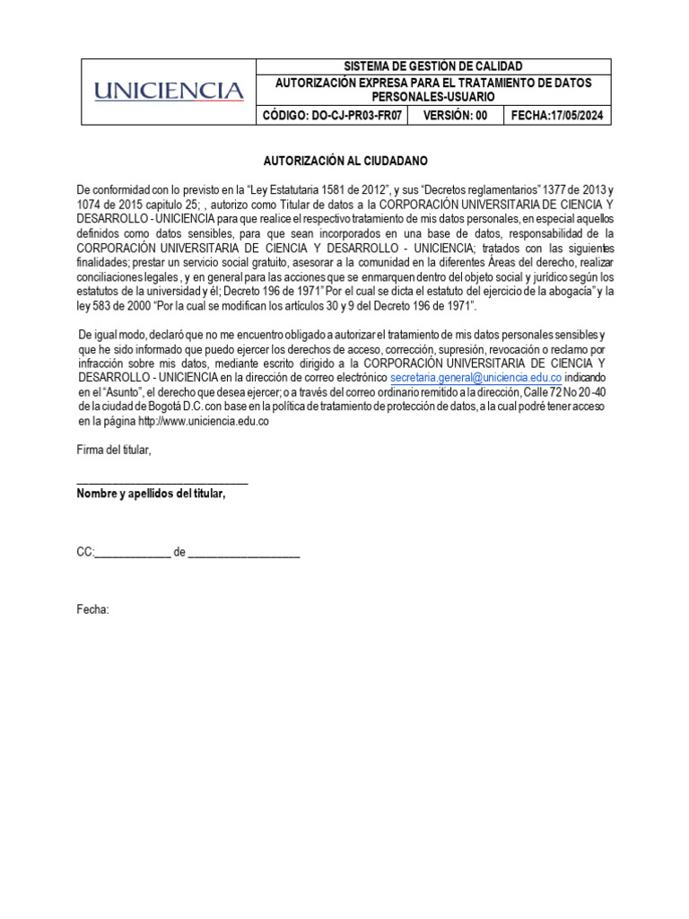 DO-CJ-PR03-FR07-Autorizacion Al Ciudadano (Habeas Data Usuario) . | PDF