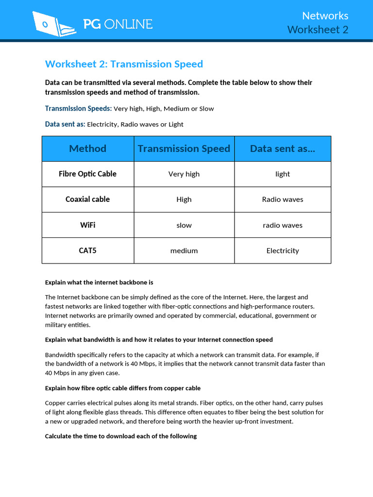 Worksheet 2 Transmission Speed Edited | PDF | Computer Network ...