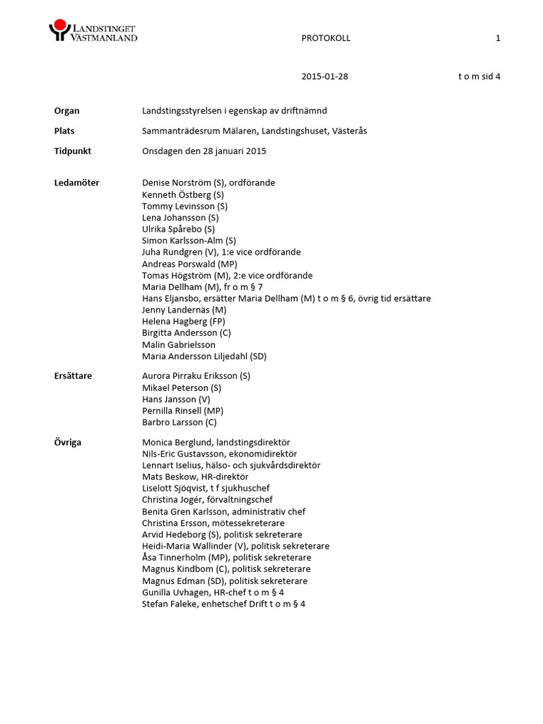 Protokoll Landstingsstyrelsen Som Driftnamnd 2015 01 28 | PDF