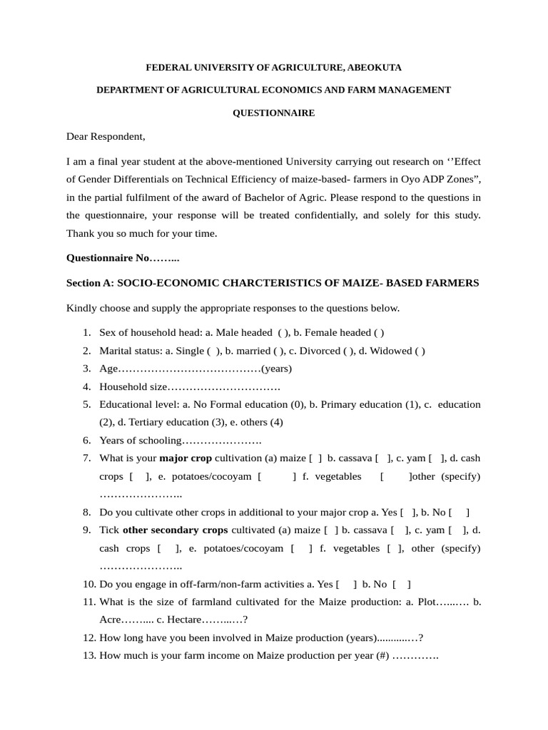Questionnaire. gender differential in maize production | PDF ...
