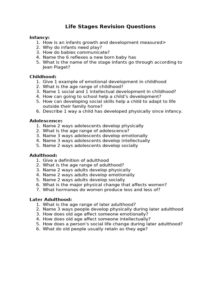 Worksheet Life Stages Revision Questions | PDF | Wellness | Lifestyle