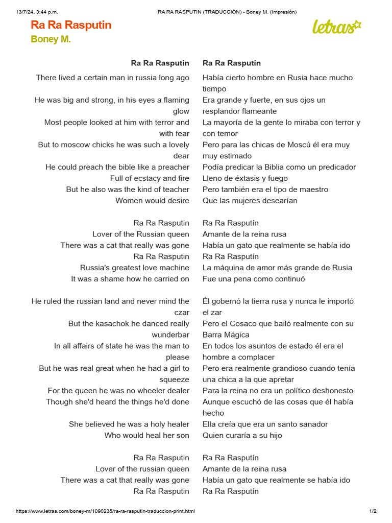 RA RA RASPUTIN (TRADUCCIÓN) - Boney M. (Impresión) | PDF