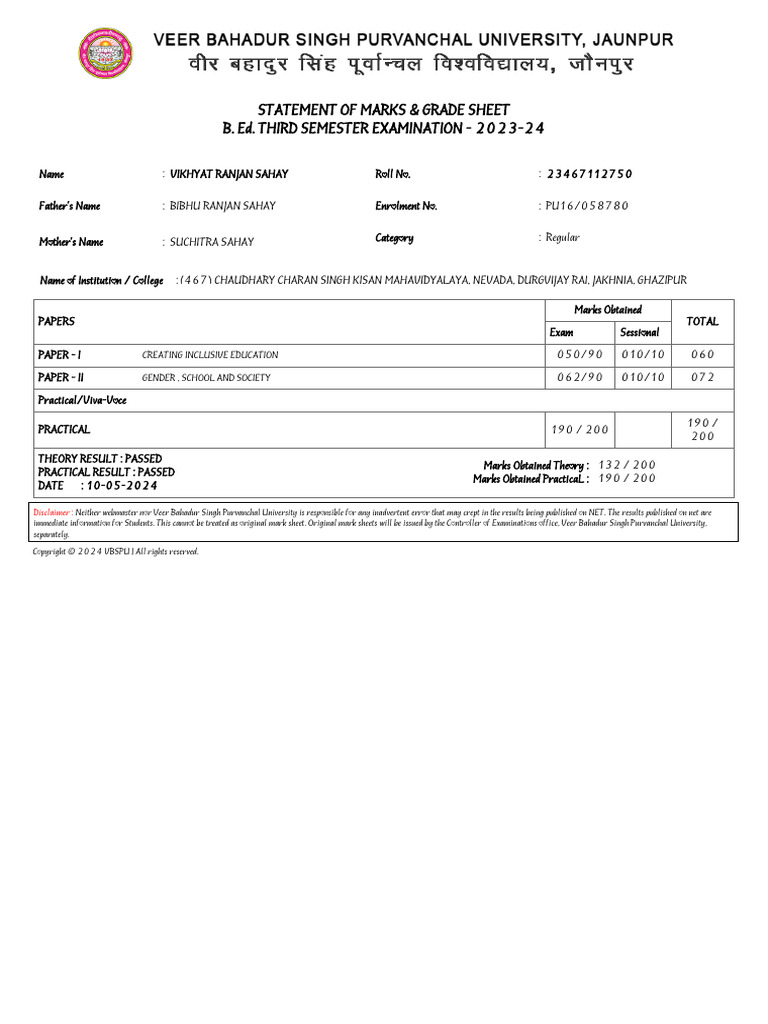 B.ed Result 3rd Sem..! | PDF