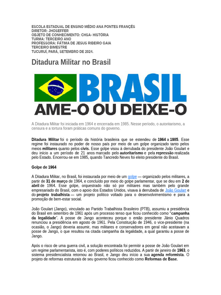 Ditadura Militar de 64 | PDF | Brasil | Democracia