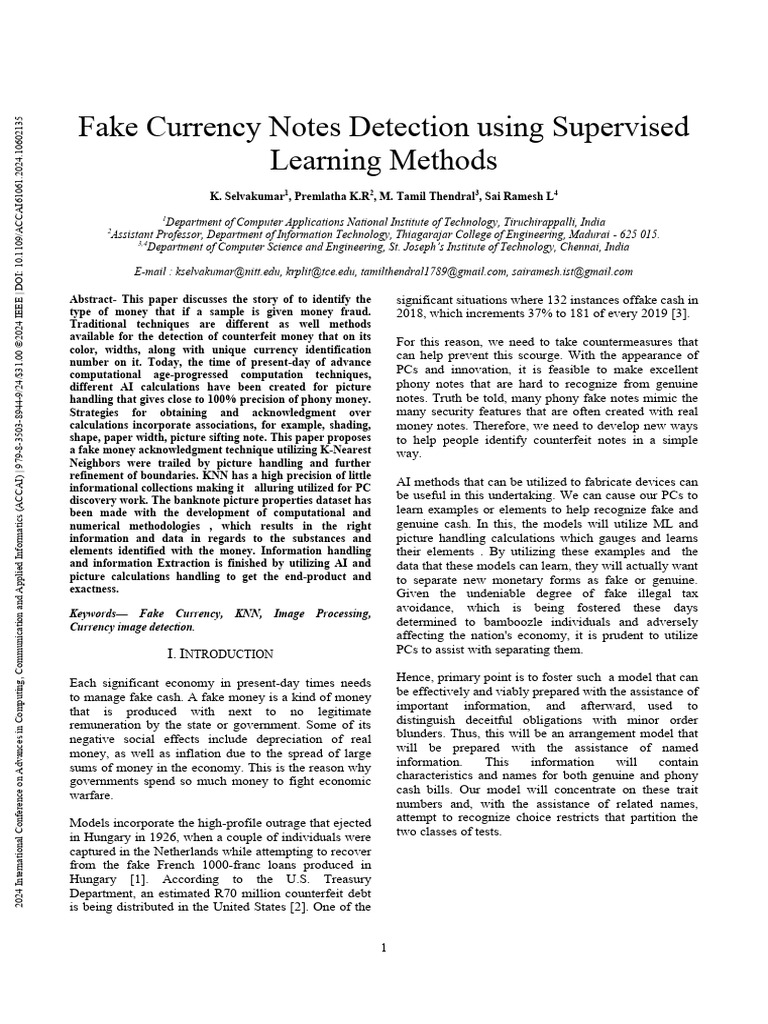 Fake Currency Notes Detection Using Supervised Learning Methods | PDF ...