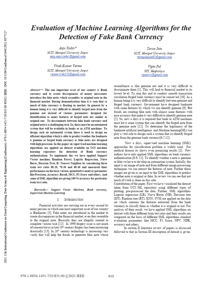 Evaluation of Machine Learning Algorithms For The Detection of Fake Bank Currency | PDF ...