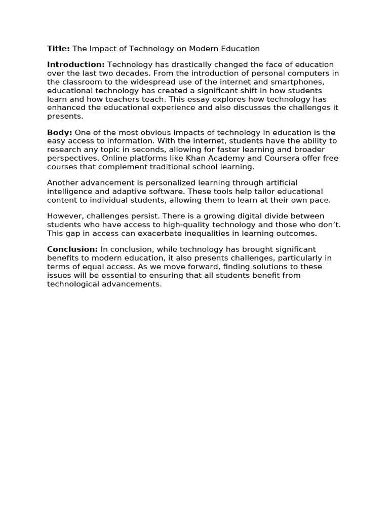 Essay - The Impact of Technology On Education 2024 | PDF | Computers