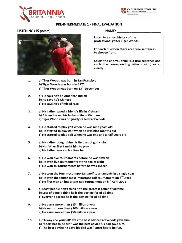 PRE-INTERMEDIATE 1 - FINAL EVALUATION.newformat | PDF | Tiger Woods | Linguistics