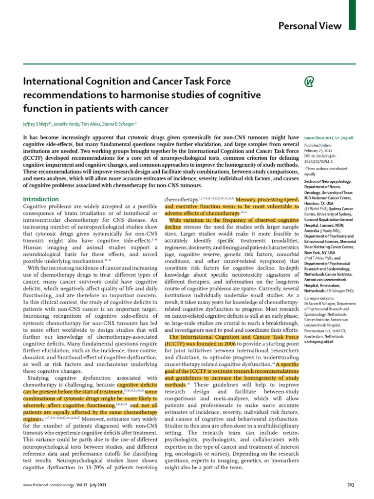 2018 International Cancer and Cognition Task Force | PDF | Selective Serotonin Reuptake ...
