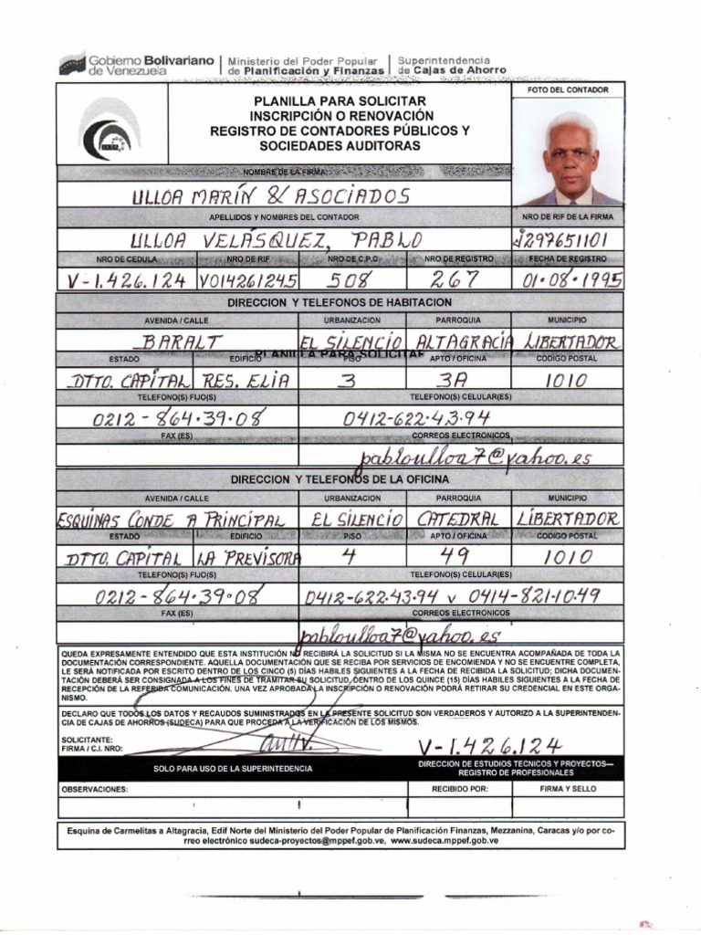 Planilla para Solicitar Inscripcion o Renovacion Registro de Contadores ...