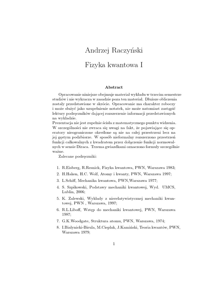 Wyklady - Fizyka Kwantowa | PDF