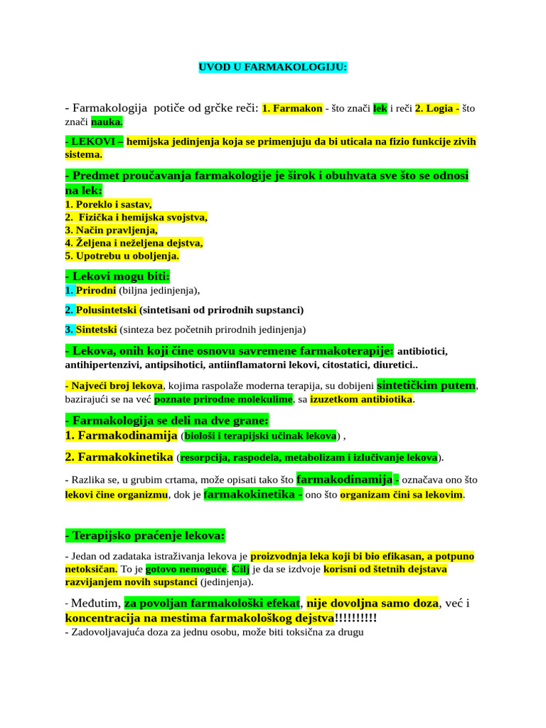 UVOD U FARMAKOLOGIJU Ispit | PDF