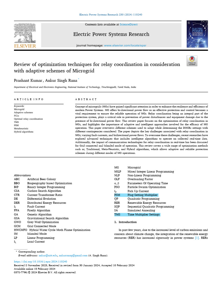 Review Of Optimization Techniques For Relay Coordination In Consideration With Adaptive Sch