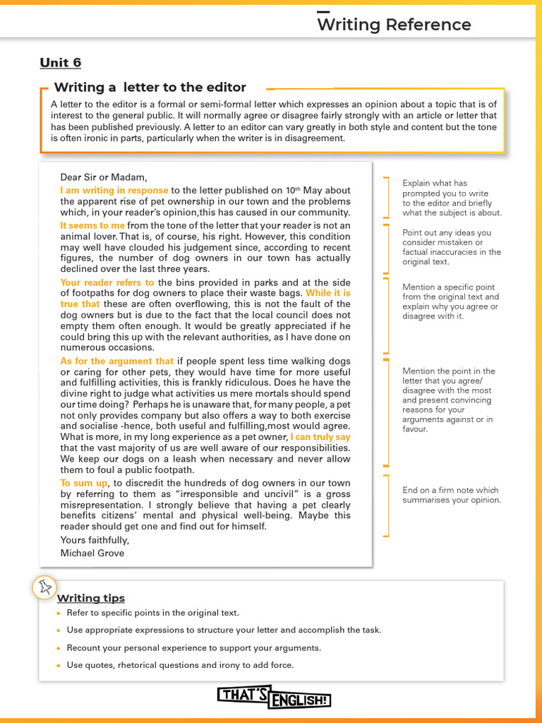 Writing A Letter To The Editor C1.2 U6 | PDF