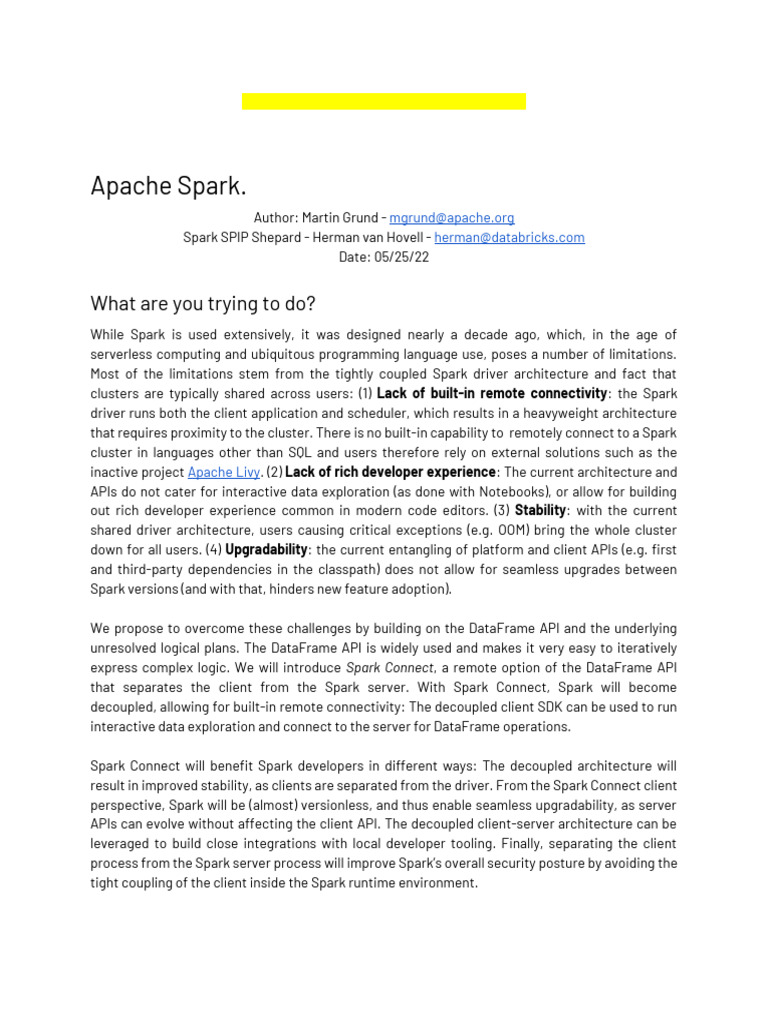 Spark Connect: Remote DataFrame API for Apache Spark | PDF | Apache Spark | Computer Programming
