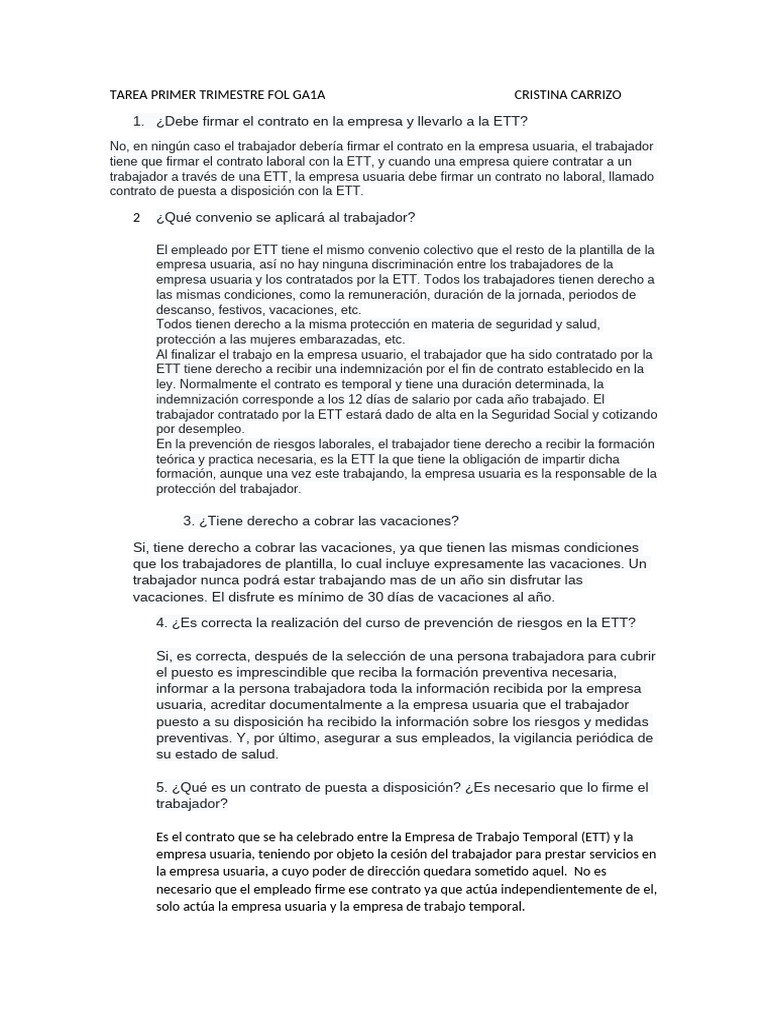 Ejercicios Primer Trimestre Fol Ga1a | PDF | Derecho laboral | Trabajo temporal