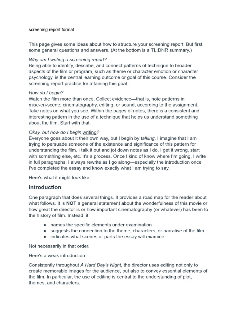 screening report format | PDF | Essays | Paragraph