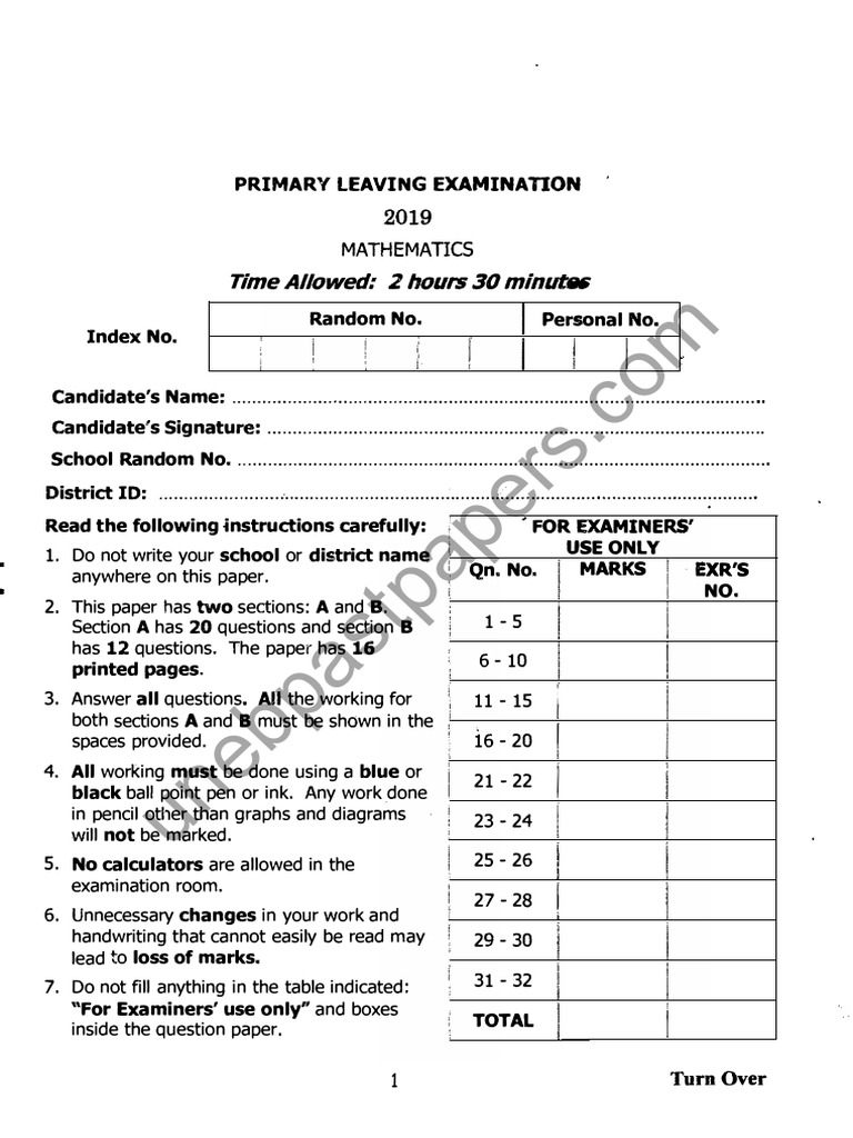 2019 PLE Mathematics Exam Paper | PDF | Mathematics