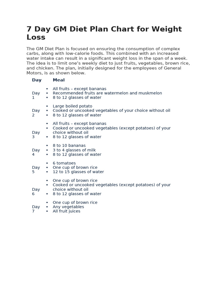 Weight Loss 7 Day GM Diet Plan Chart | PDF