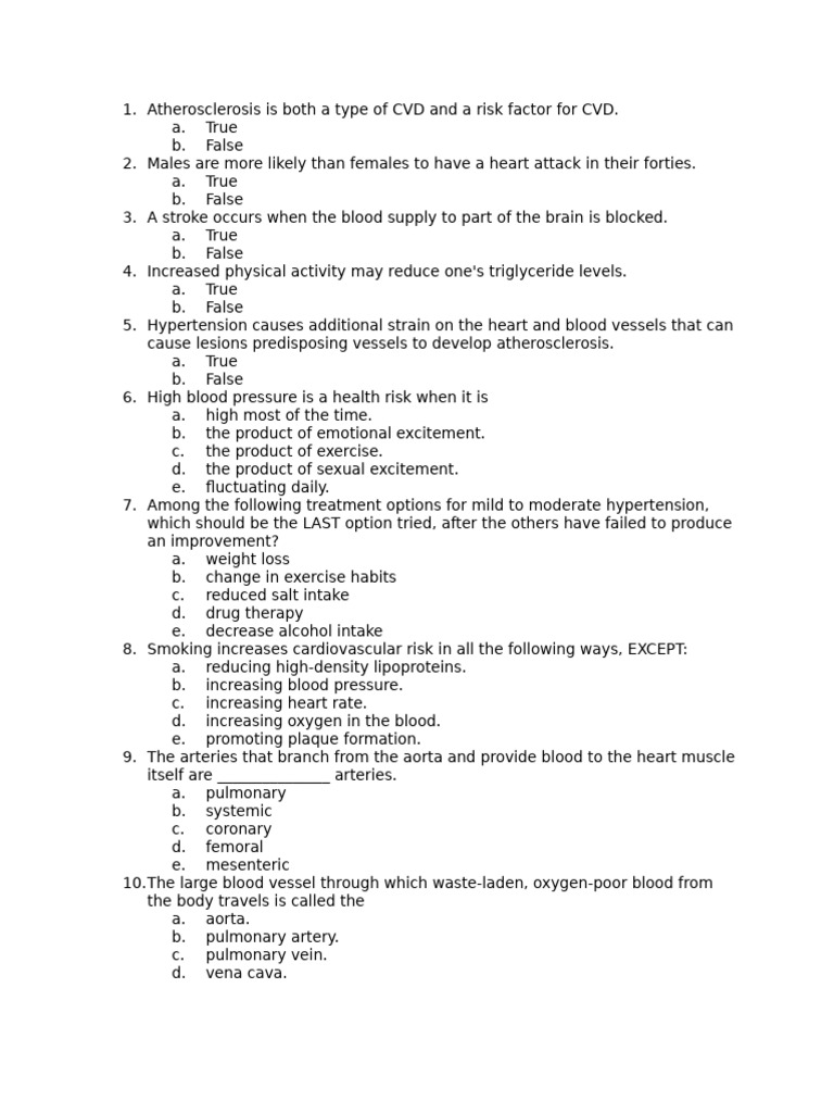 Cardiovascular Disease Quiz Questions | PDF | Wellness | Science ...