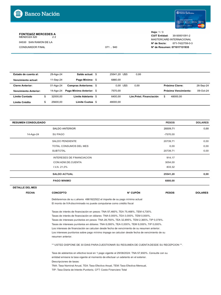 Resumen de Cuenta Mastercard Agosto 2024 | PDF | Tarjeta de crédito ...