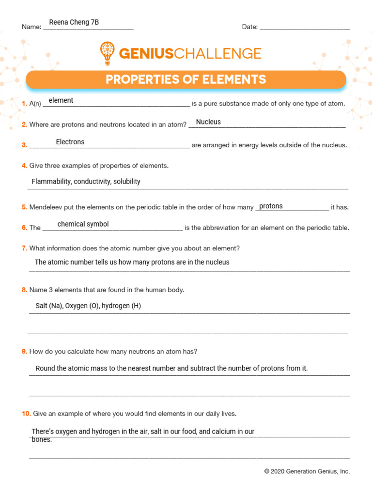 GG Properties of Elements Quiz - Rev2 | PDF | Chemical Elements | Atoms