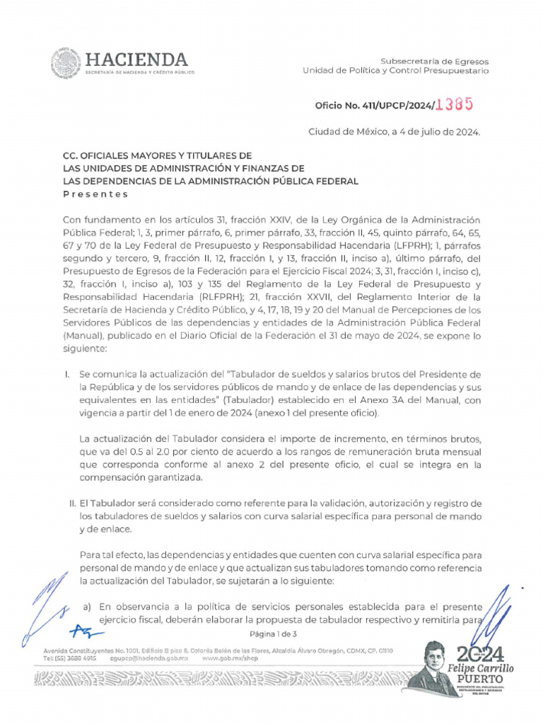 Oficio No. 411 - UPCP - 2024 - 1385 Inc. Sal. MM y E | PDF