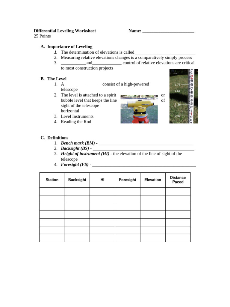 Lesson 3 Differential Leveling Worksheet | PDF | Distance | Metrology