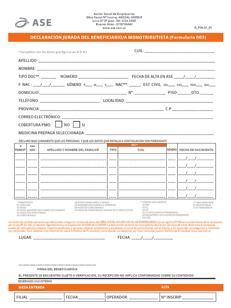 Formulario 003 ASE | PDF | Finanzas y dinero