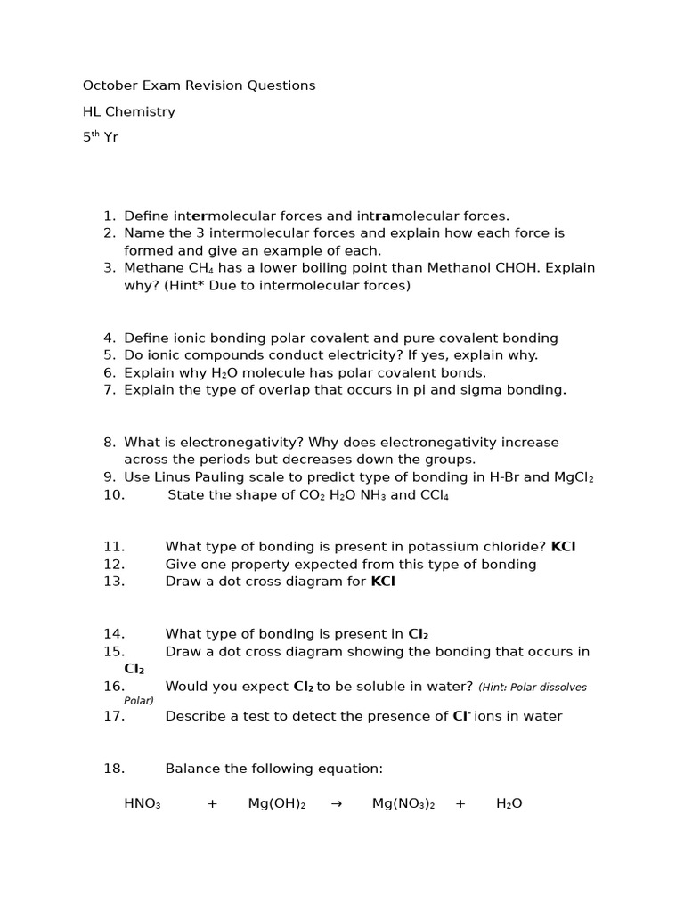 October Exam Revision Questions | PDF
