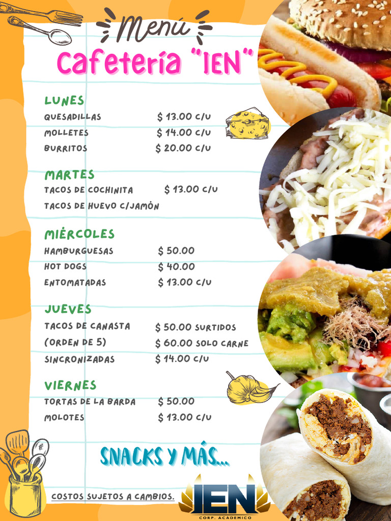 Menú Cafetería IEN | PDF