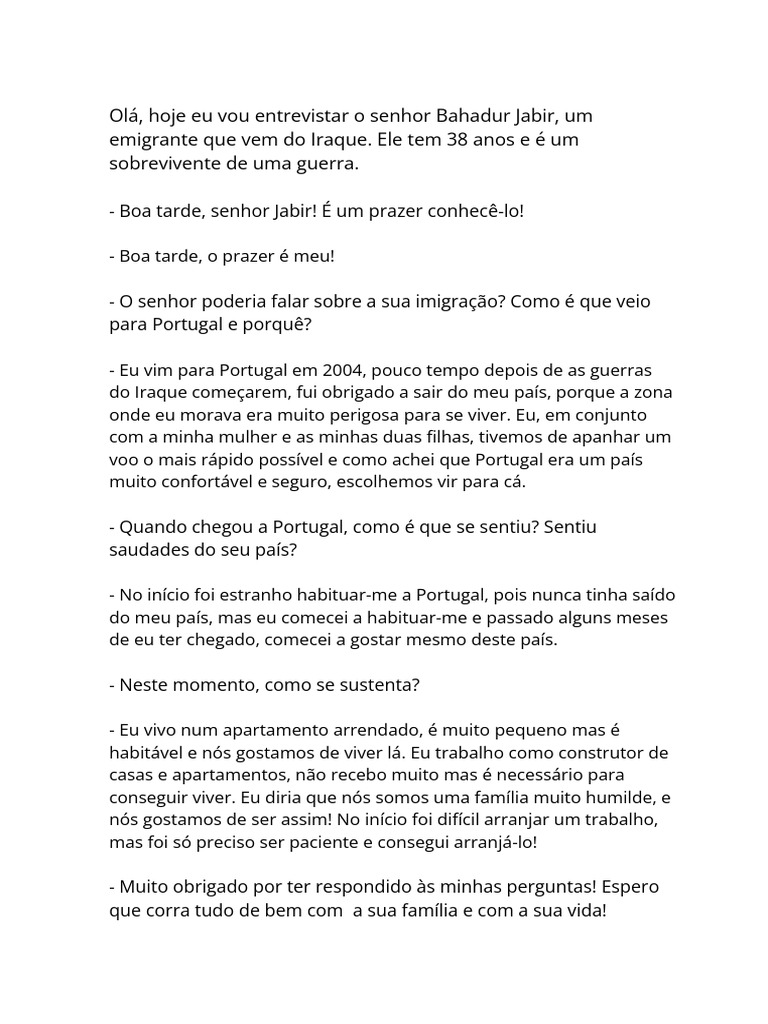 Entrevista A Um Imigrante - Levi | PDF