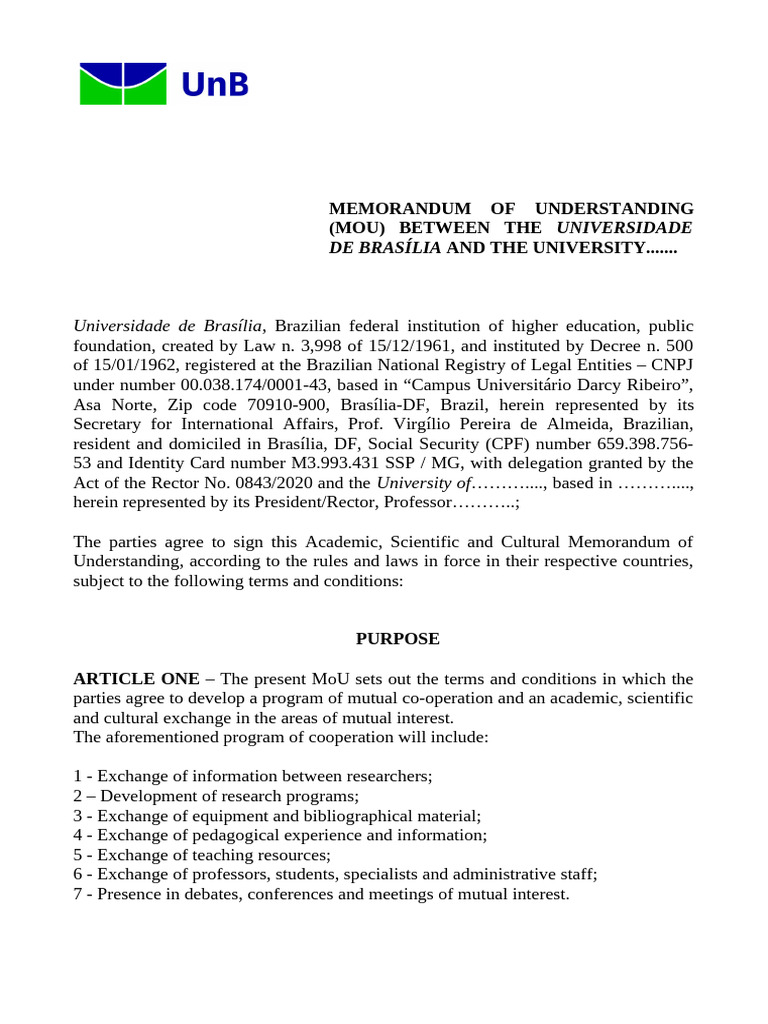 Modelo MOU Ingls - English | PDF | University | Justice