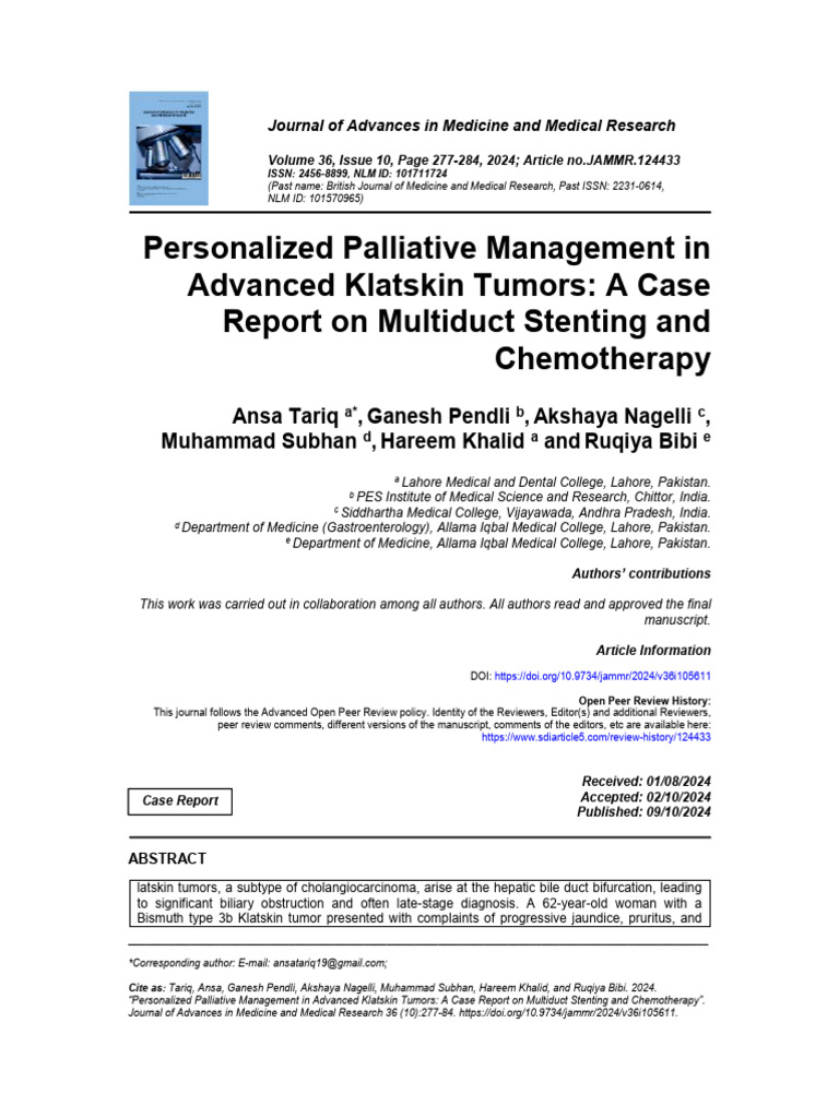 Palliative Care for Advanced Klatskin Tumors | PDF | Stent | Causes Of ...
