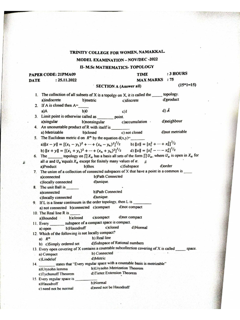 Topology Question Paper | PDF