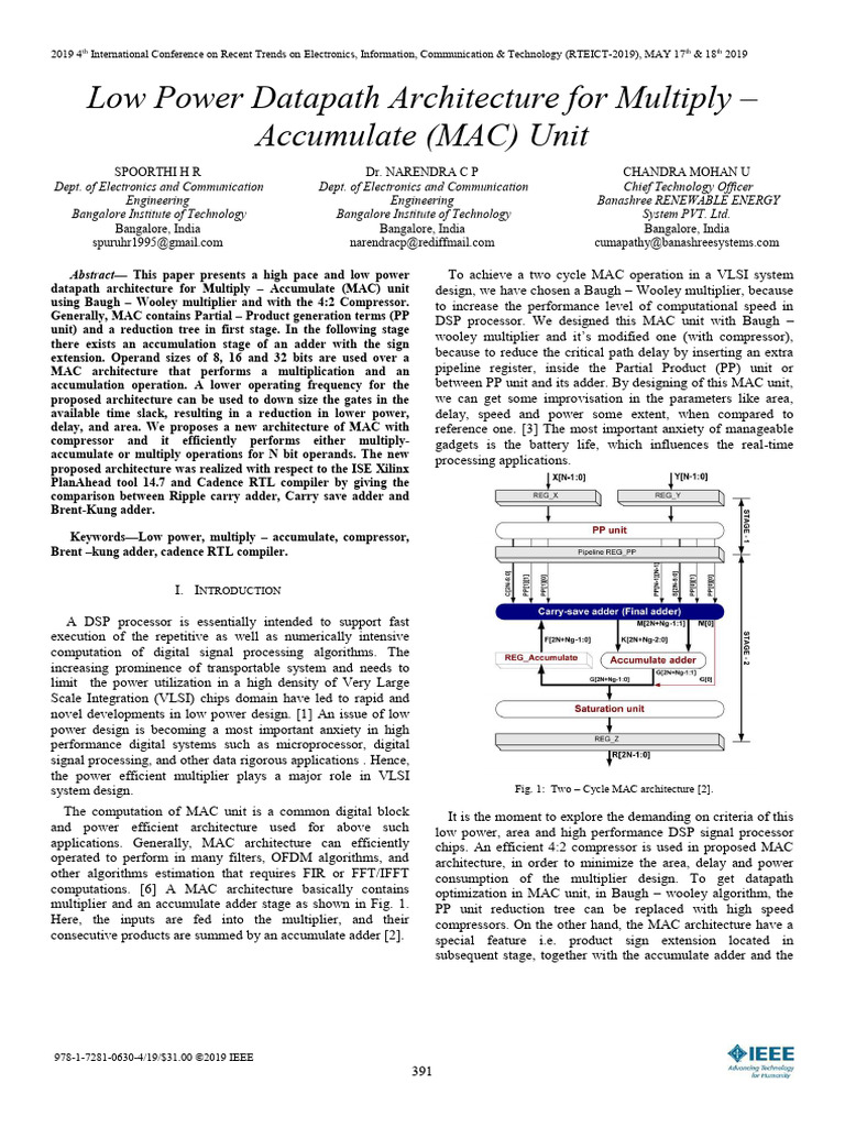 Low Power Datapath Architecture For Multiply - Accumulate MAC Unit | PDF | Electronics ...